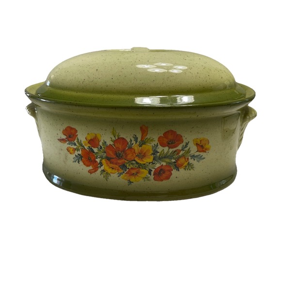 Dining | Vintage 197s Green Speckled Stoneware Casserole Dish Poppy ...